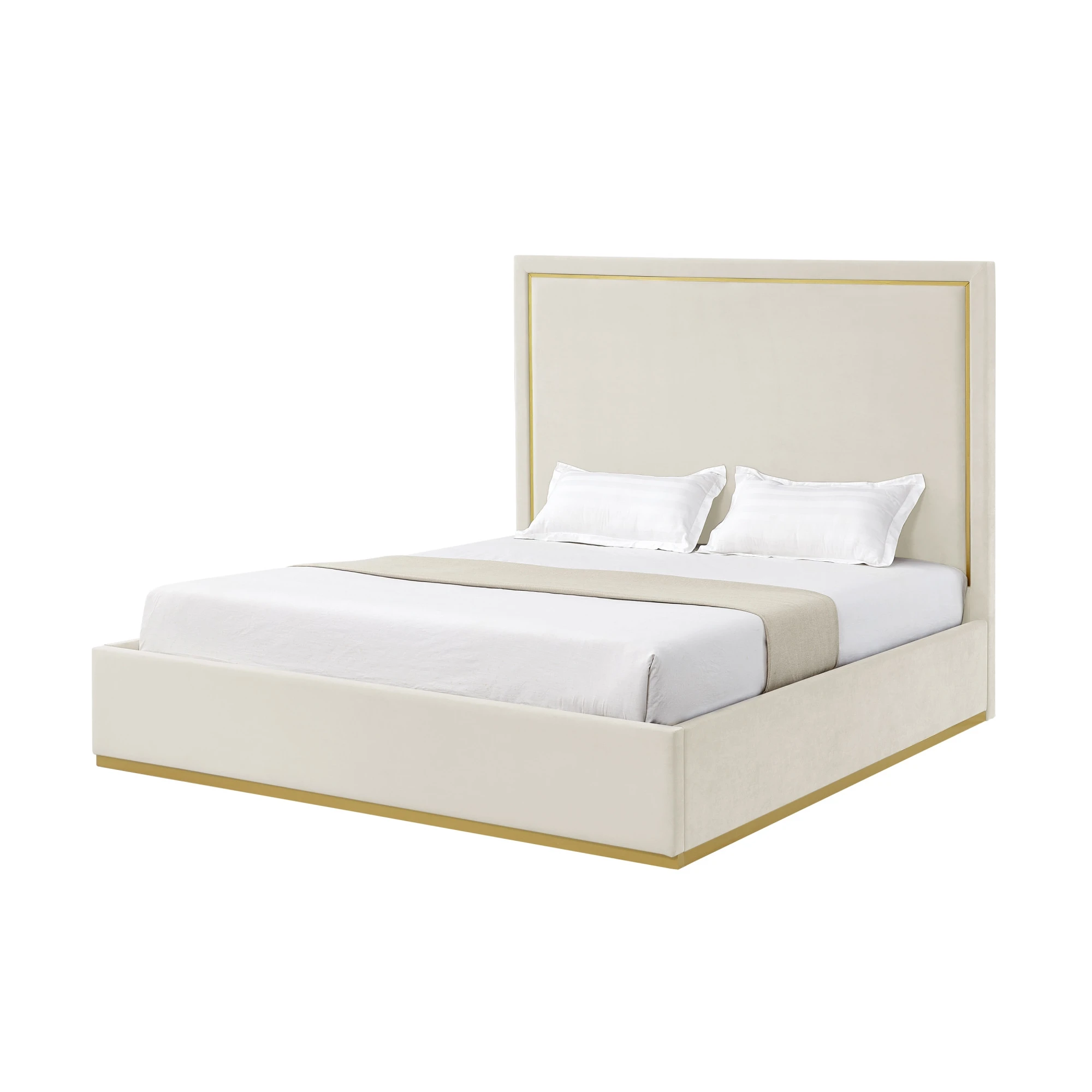 Beige Solid Wood King Upholstered Velvet Bed - House Tipster