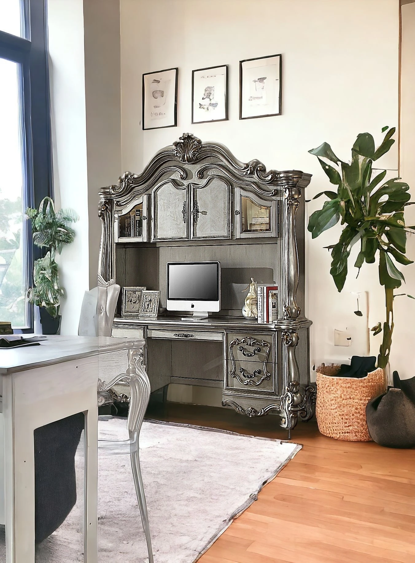 21" Platinum Solid Wood Peninsula Wall Mounted Computer Desk With Four ...