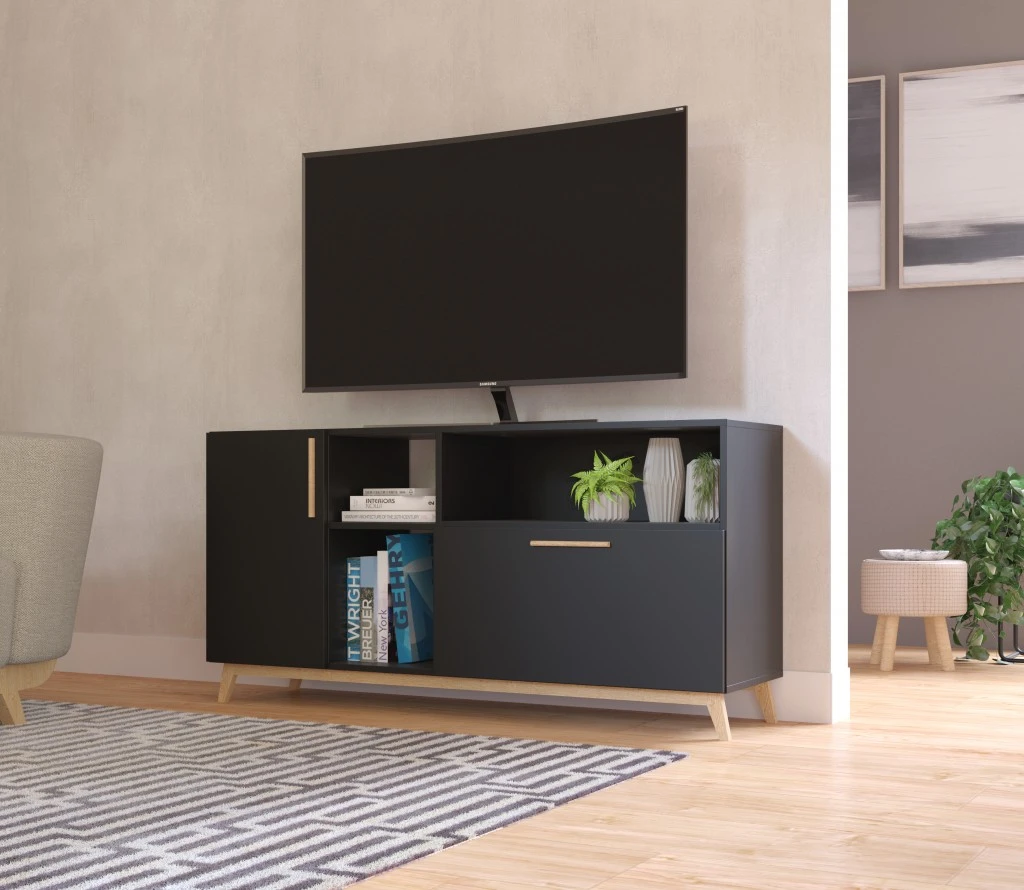 Modern Black And Natural Asymmetrical TV Stand - House Tipster